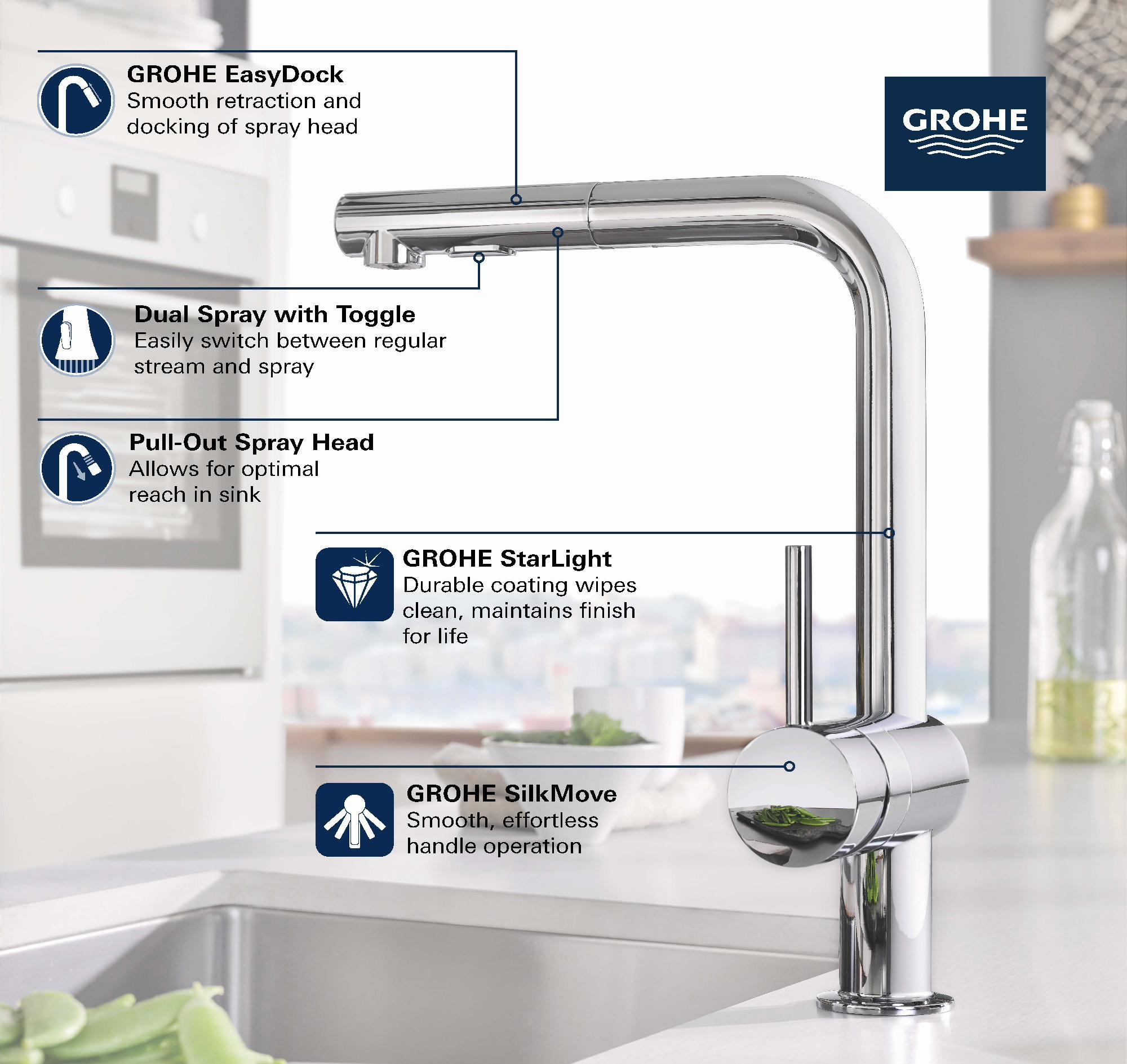 Minta Kitchen Faucet with Pullout Spray - Chrome 30300000 Grohe ...