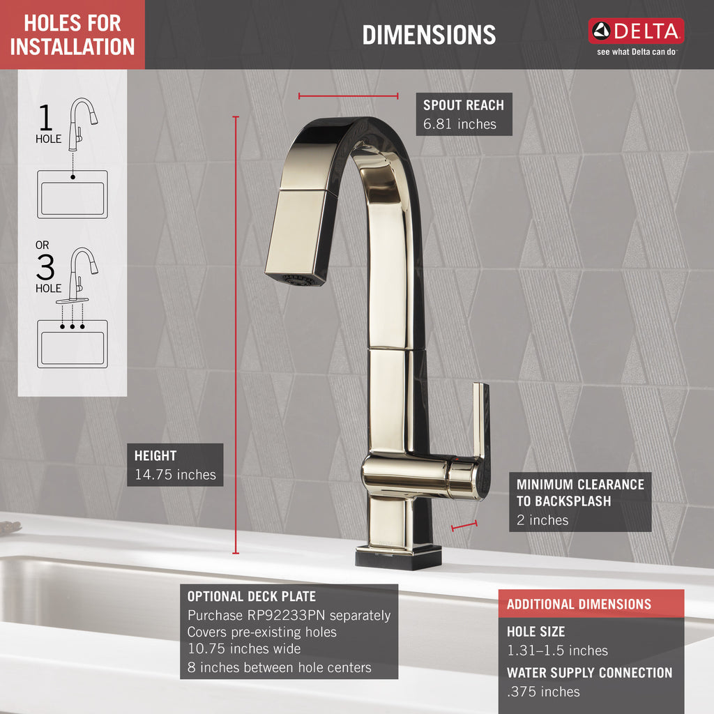 Delta 9993T-PN-DST Pivotal Touch Bar Faucet with Pulldown Spray - Poli ...